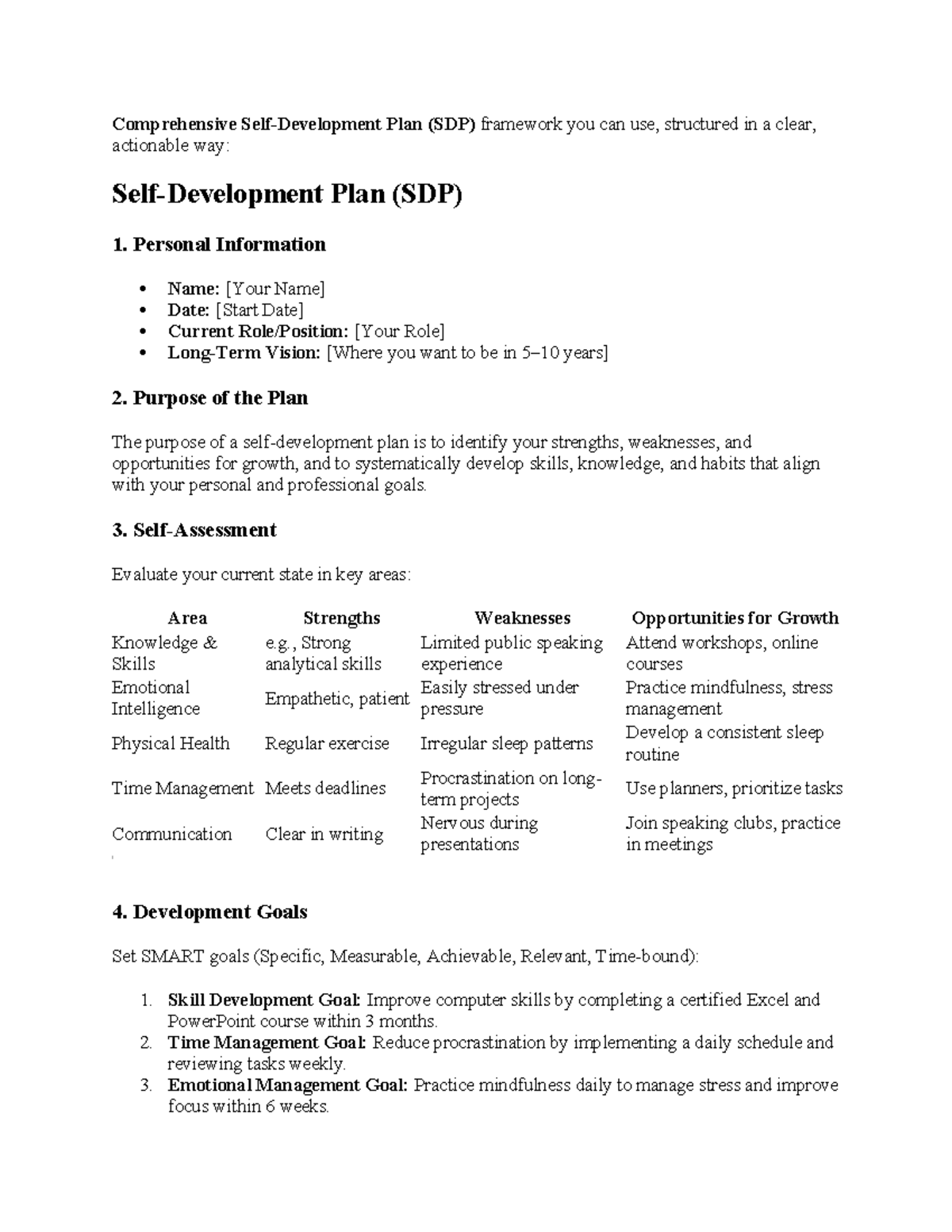 Comprehensive Self Development Plan (SDP) 2018 Guide - Studocu