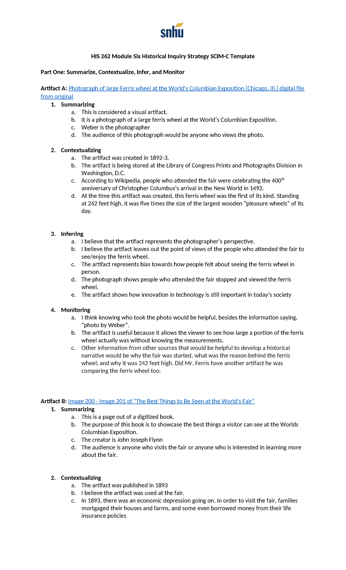 HIS 262 Module Six Historical Inquiry Strategy SCIM-C Analysis Notes ...