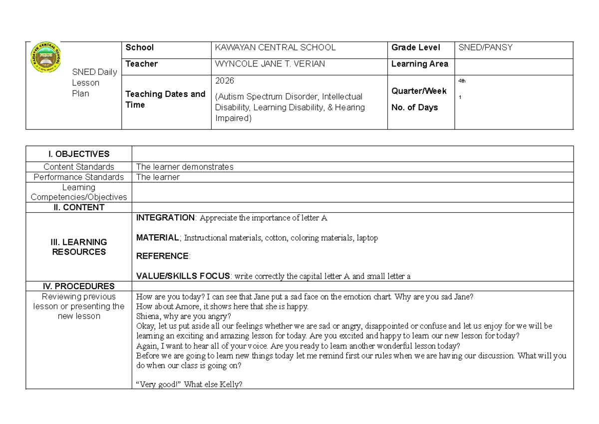 SNED Daily Lesson Plan: Teaching Letter A (Grade 4) - Studocu