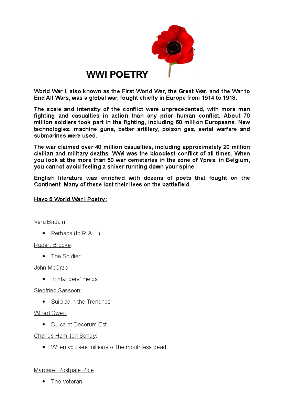 WWI Poetry Overview H5 22-23: Essential Poems & Analysis - Studeersnel