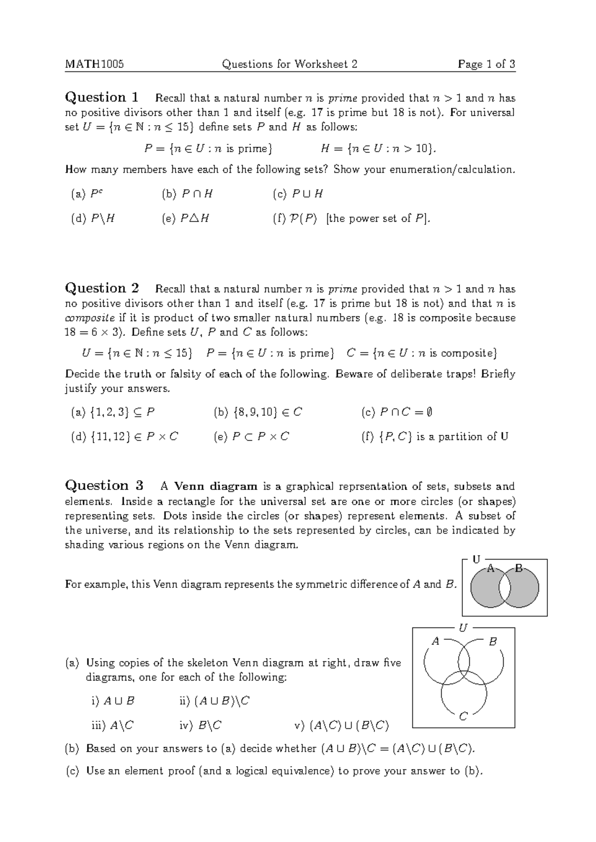 MATH1005 Worksheet 2 - Solutions for Set Theory Questions - Studocu