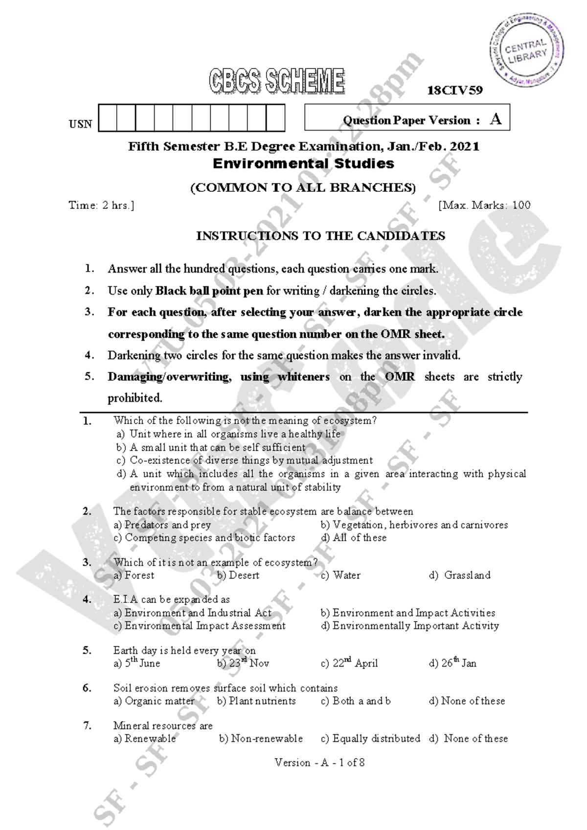18CIV59 Environmental Studies Previous Year Question Paper Version 01 ...