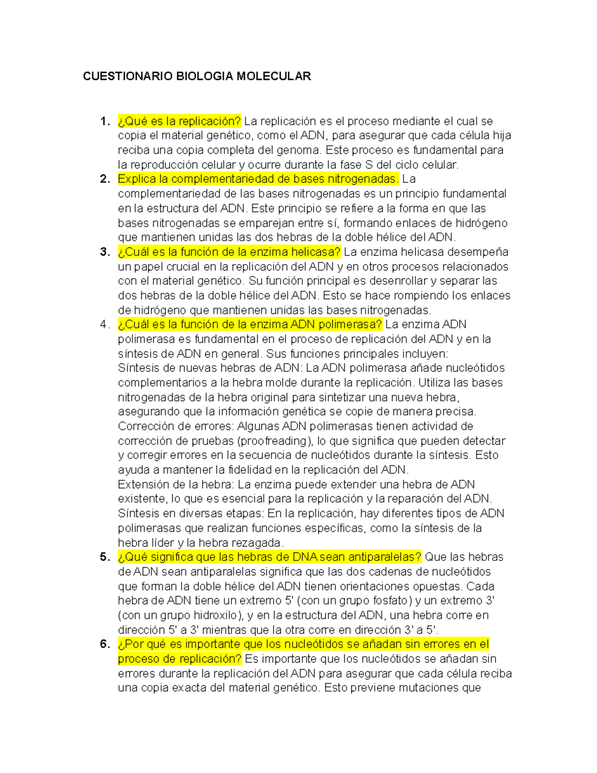 Cuestionario de Biología Molecular: Replicación y Funciones del ADN - Studocu