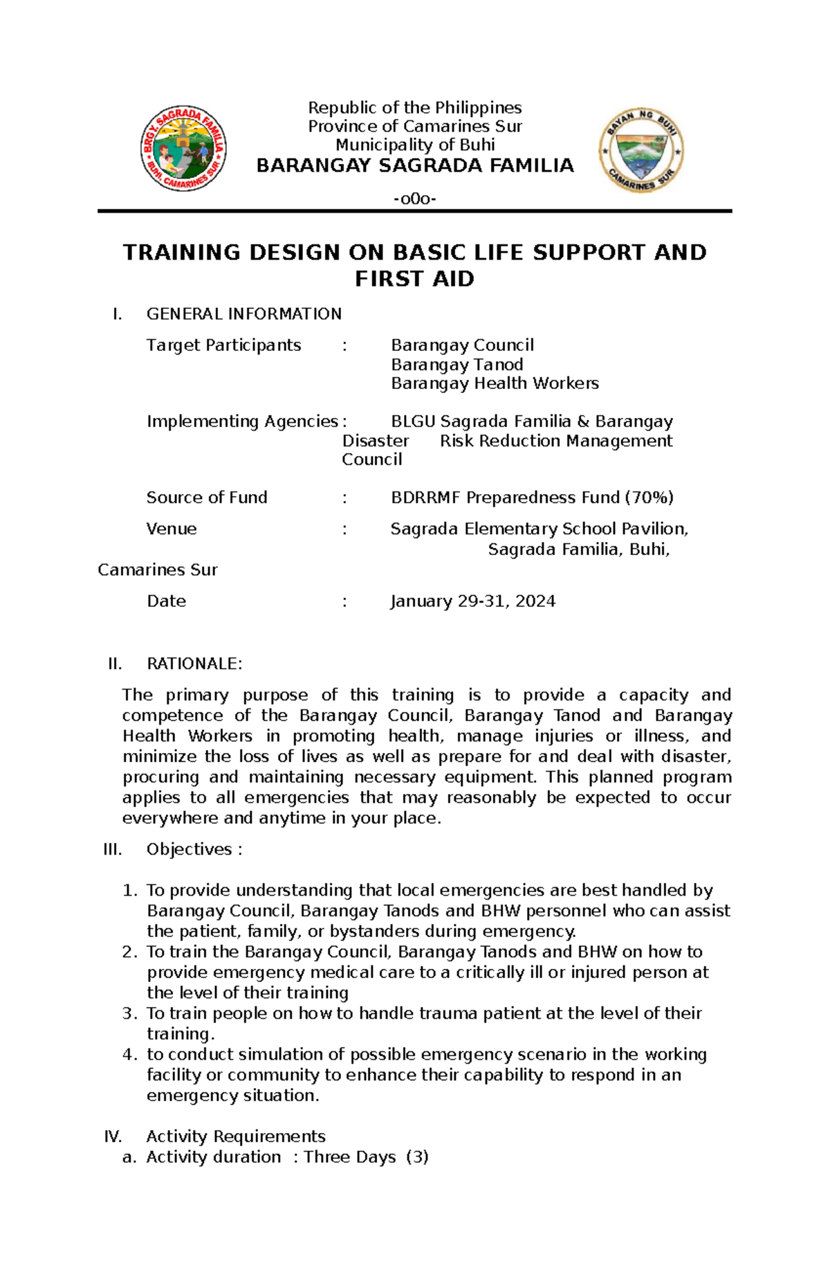 Training Design: Basic Life Support & First Aid for Barangay Personnel ...