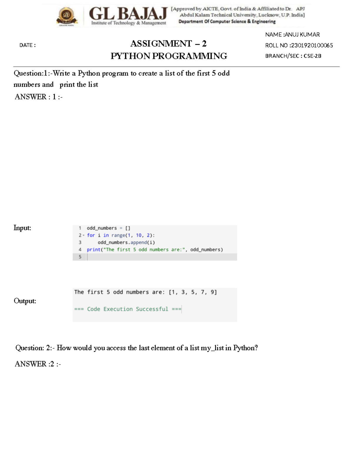 Assignment pythonn 2 (1) (1) (1) - ASSIGNMENT – 2 PYTHON PROGRAMMING ...