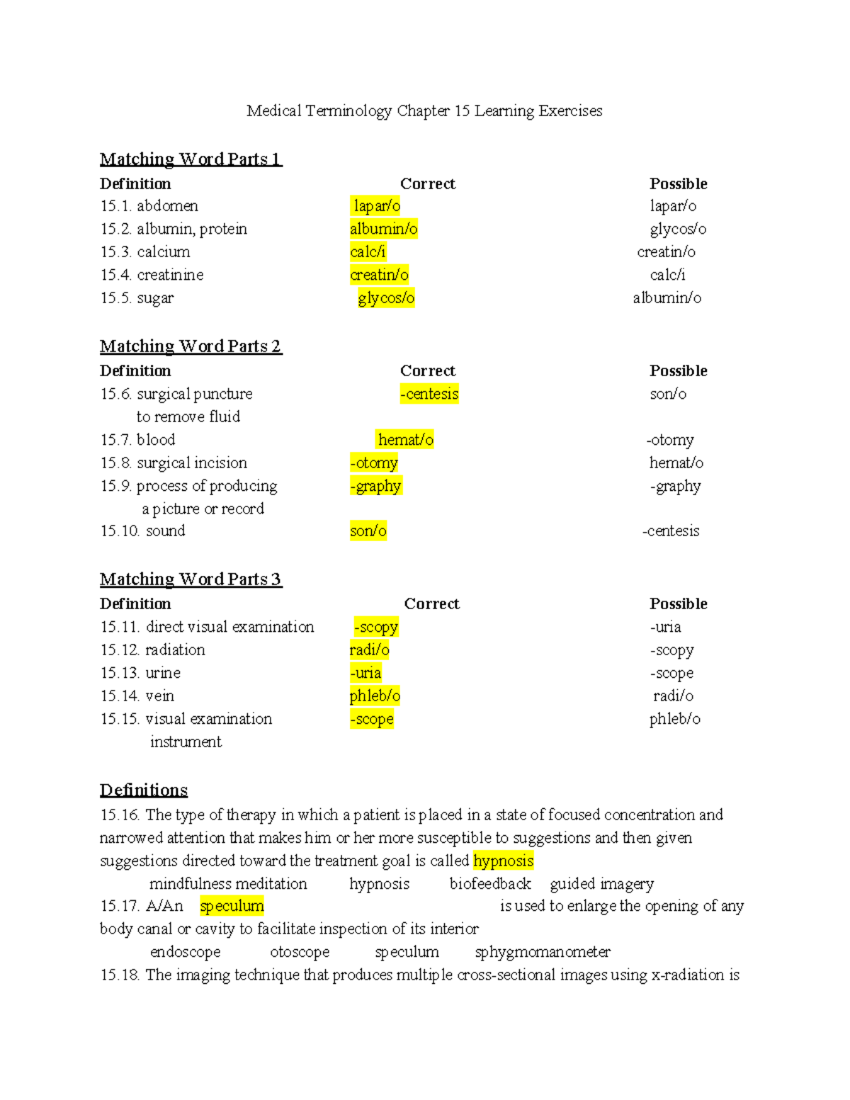 Medical Terminology Chapter 15 Learning Exercises - Matching ...