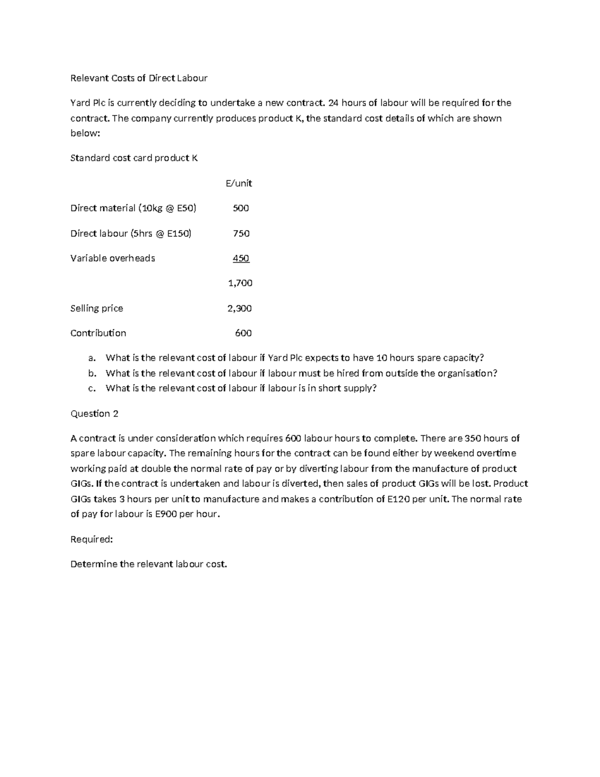 Relevant Costs of Direct Labour for Contract Decisions - Studocu