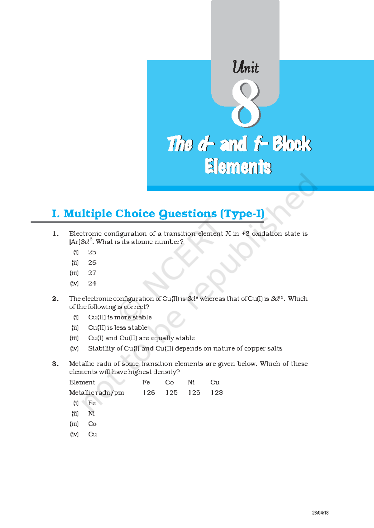 Unit 8: Transition Elements & Block Elements - MCQs and Exemplar ...