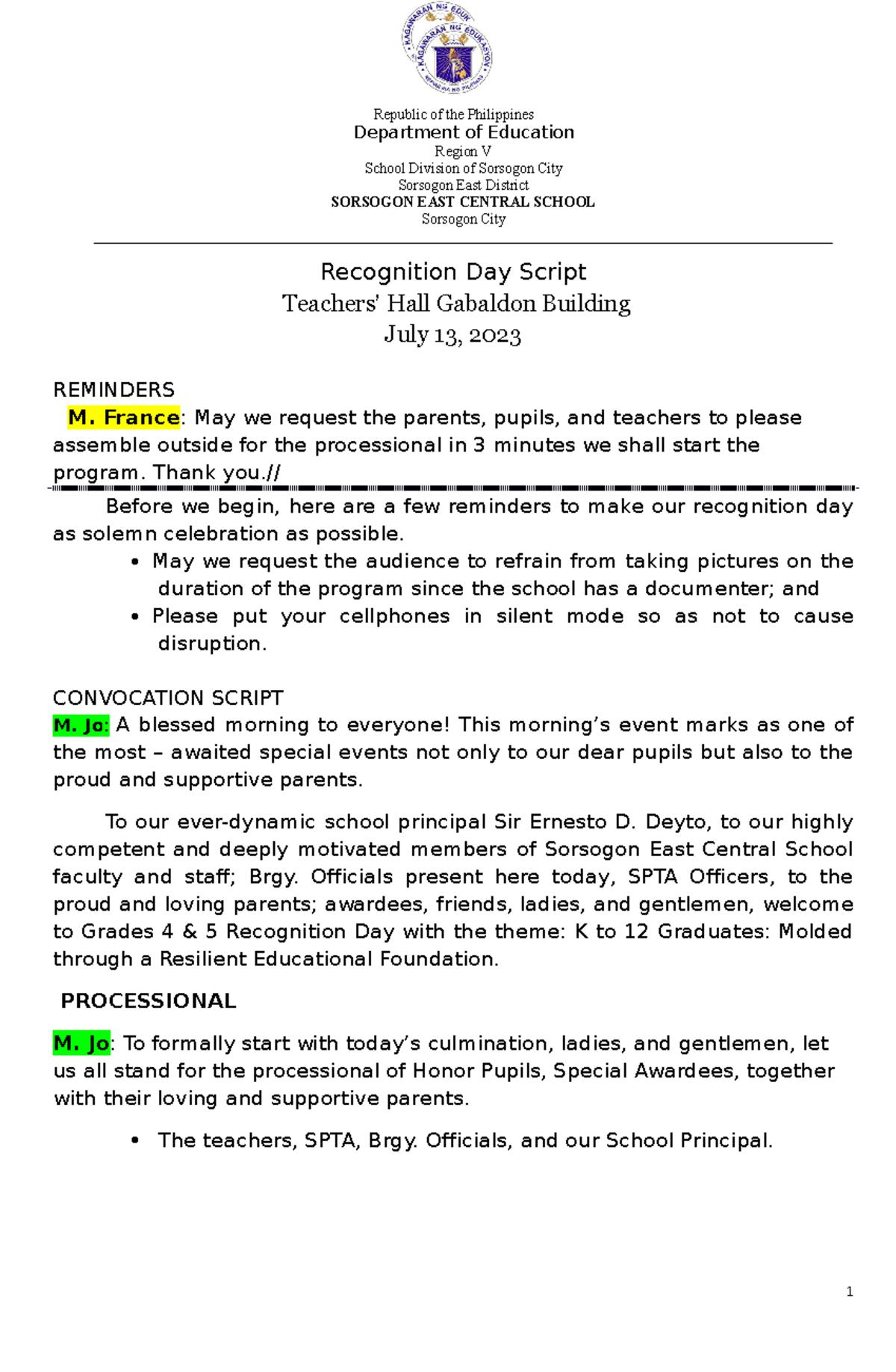 Recognition DAY Script 2023 - Republic of the Philippines Department of ...