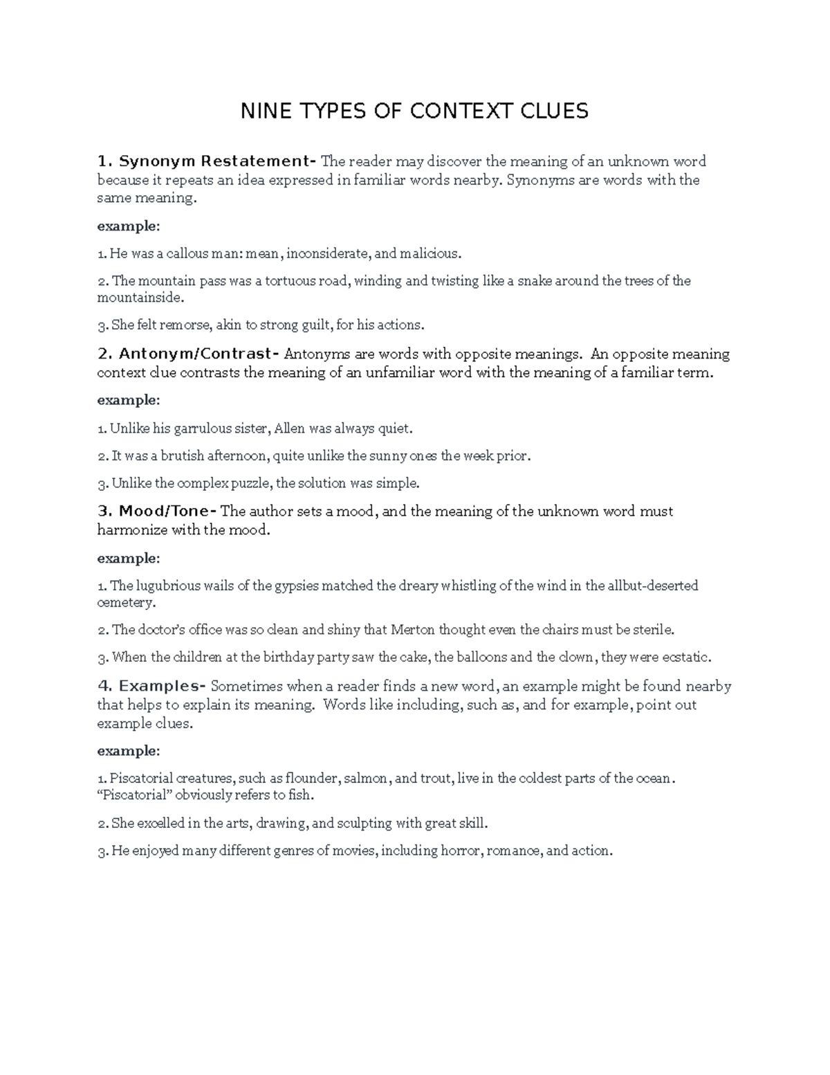 NINE Types OF Context Clues - NINE TYPES OF CONTEXT CLUES 1. Synonym ...