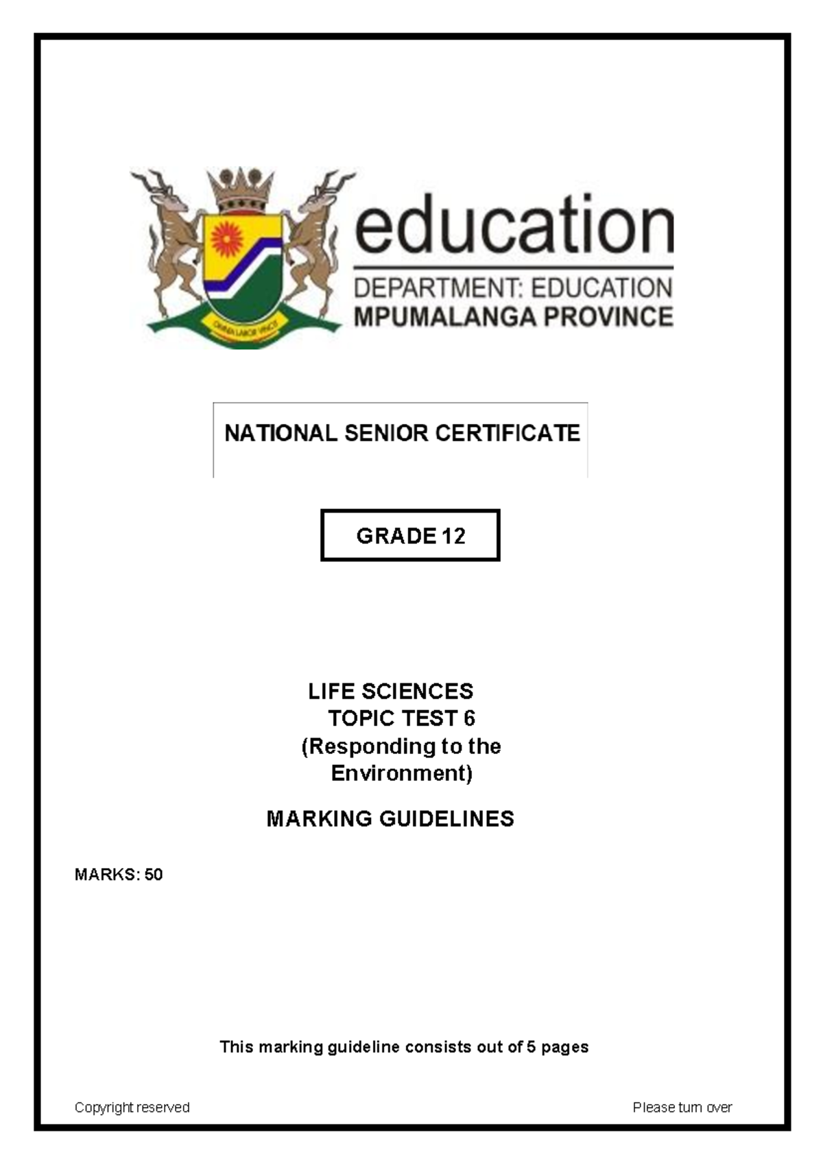 Grade 12 Life Sciences Topic Test 6 Marking Guidelines - Jan 2026 - Studocu