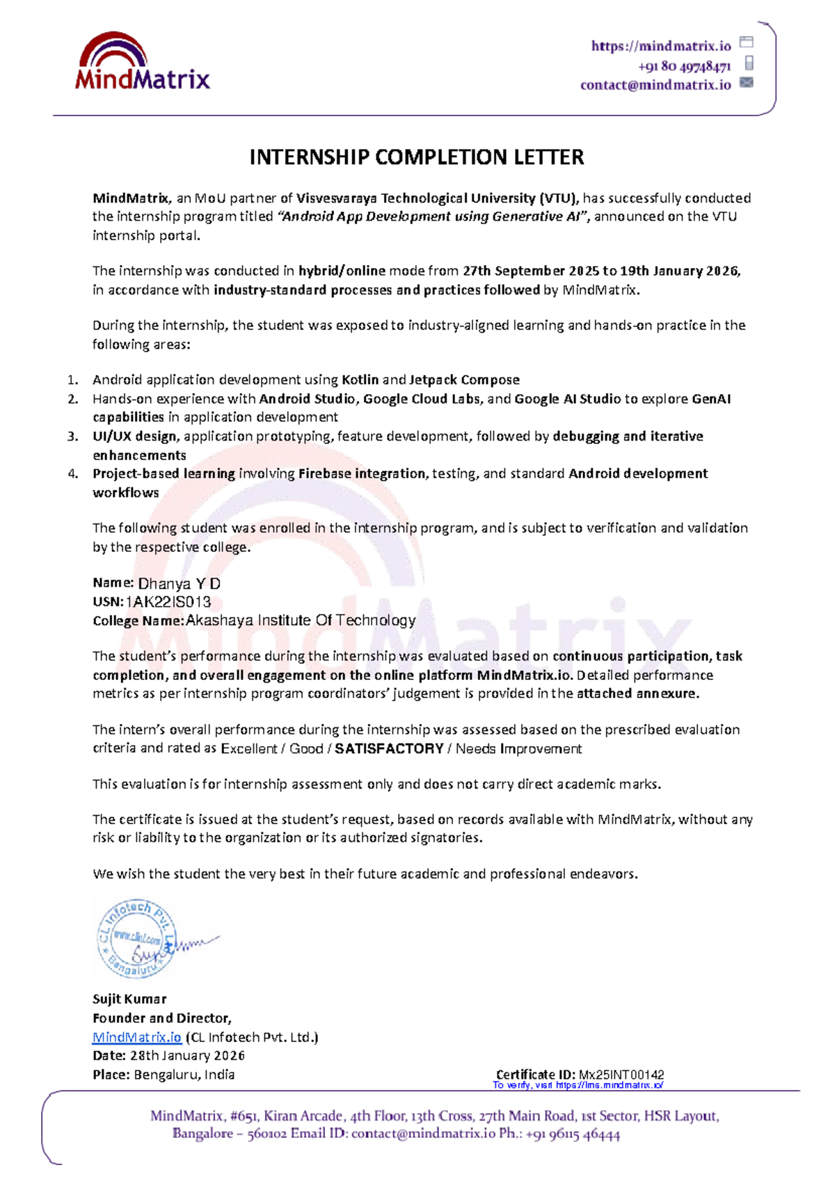 Internship Completion Letter for Dhanya Y D - VTU Mx25INT00142 - Studocu