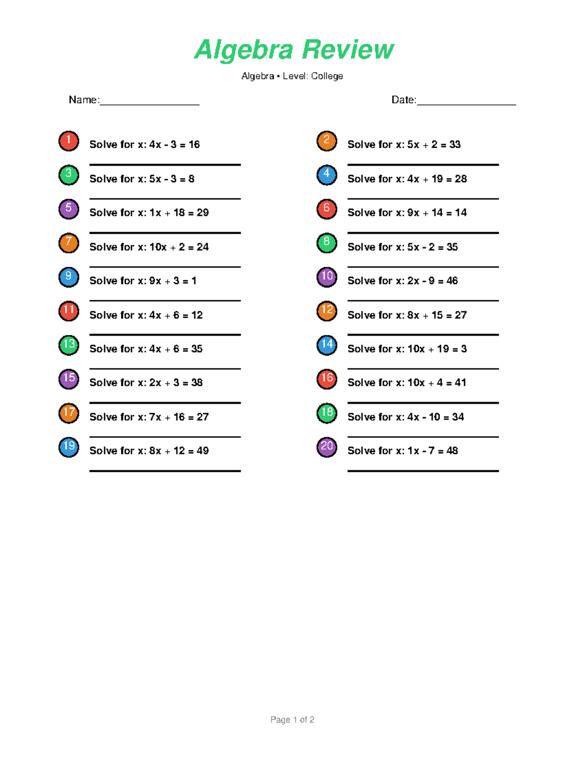 Algebra Review: College 1 Practice Problems and Solutions - Studocu