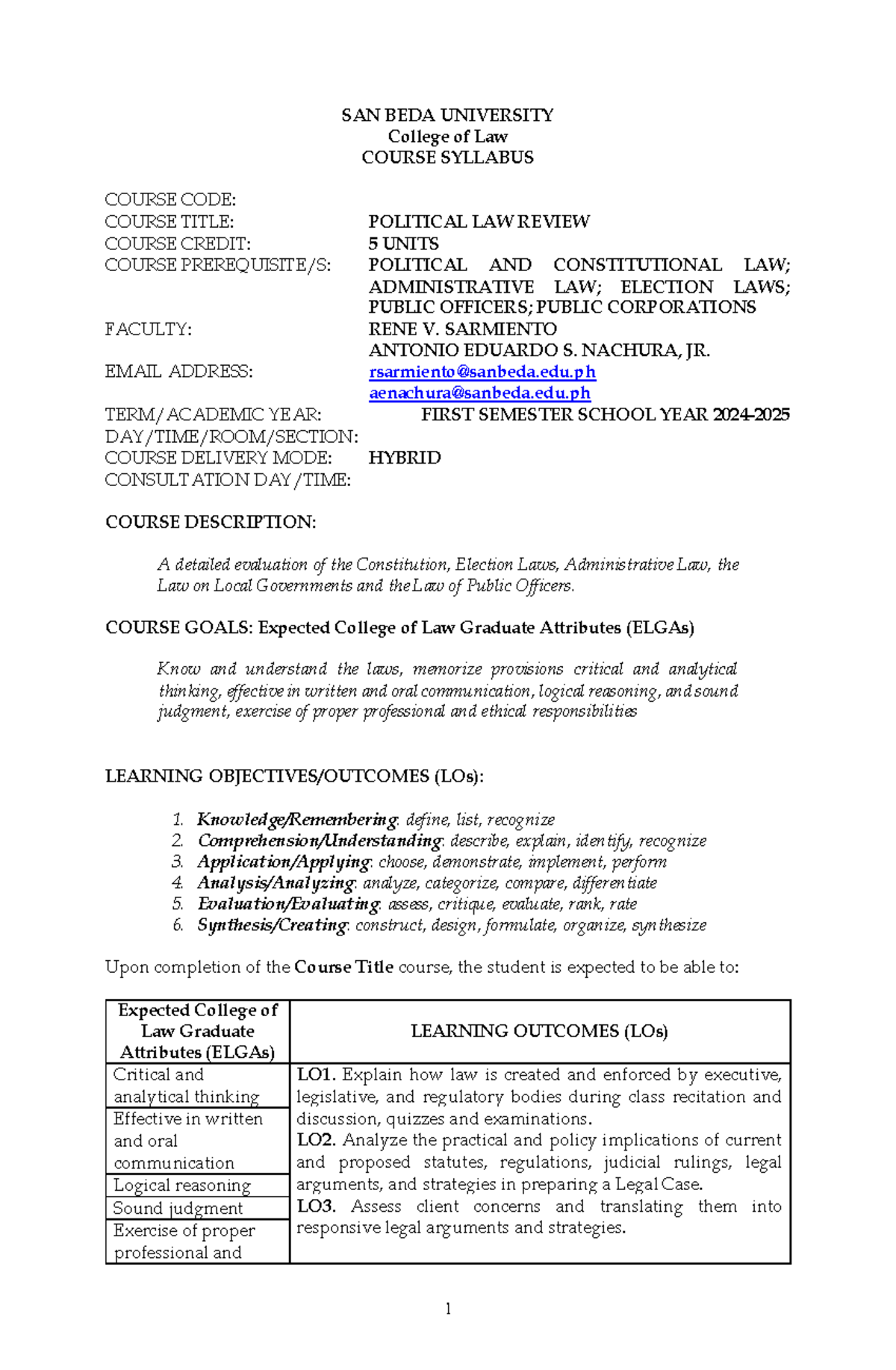 COL Syllabus: Political Law Review (SY24-25) Updated Outline - Studocu