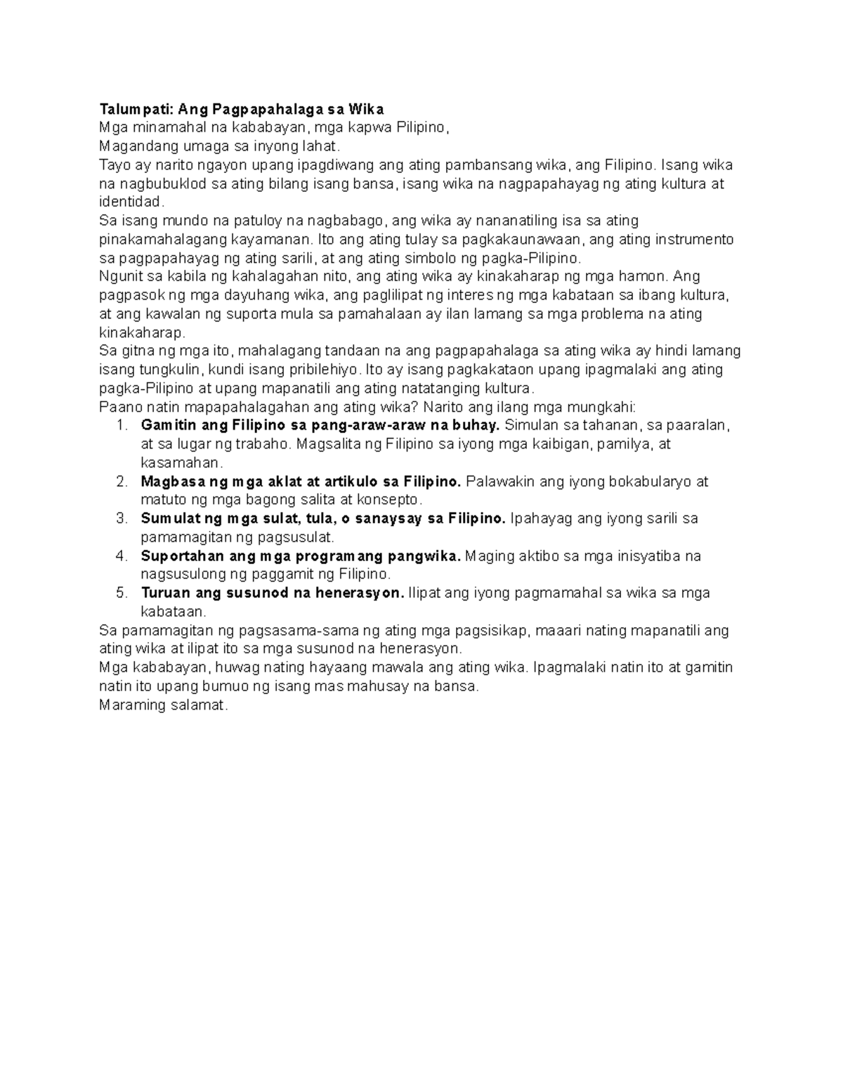 E55: Talumpati sa Pagpapahalaga sa Wika at Kultura ng Filipino - Studocu