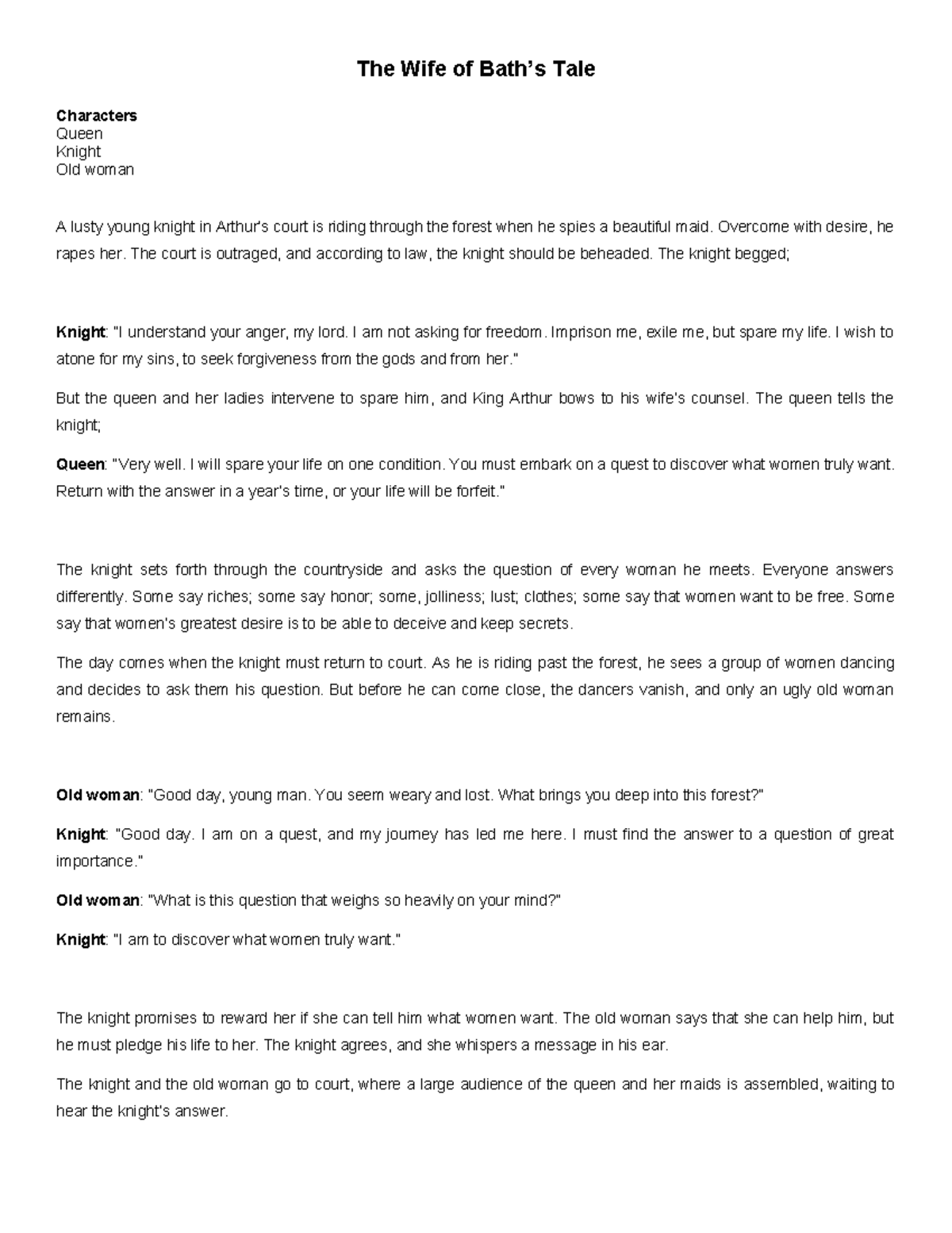 The Wife of Baths Tale Script - The Wife of Bath’s Tale Characters ...