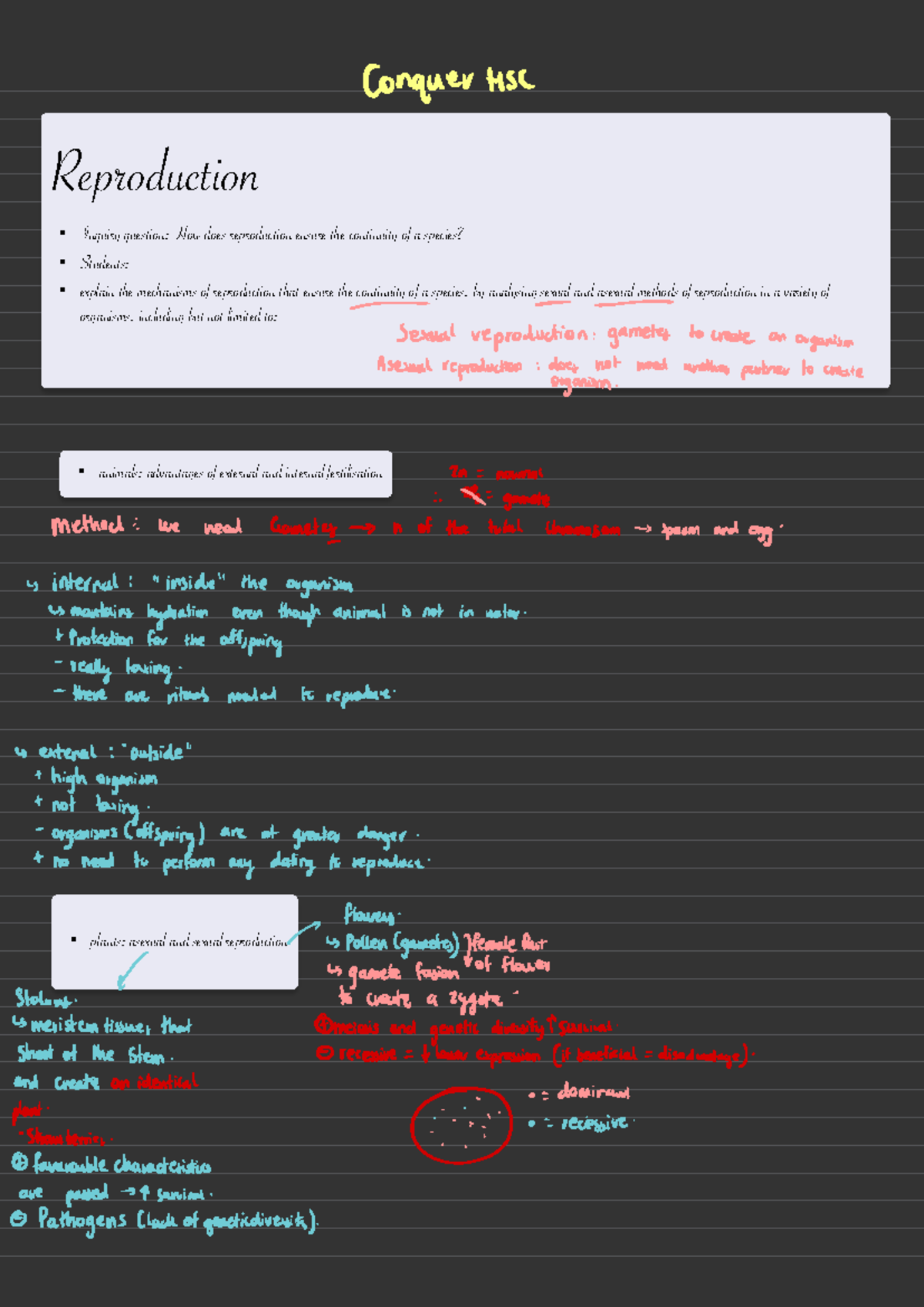 HSC Biology (ACSBL075) Reproduction Mechanisms & Species Continuity ...