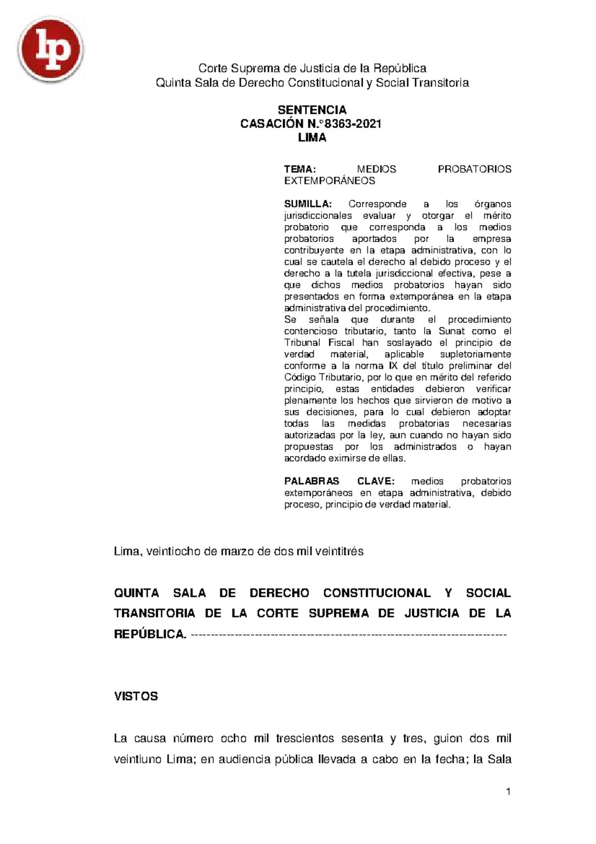 Sentencia de Casación N.º 8363-2021: Medios Probatorios Extemporáneos ...