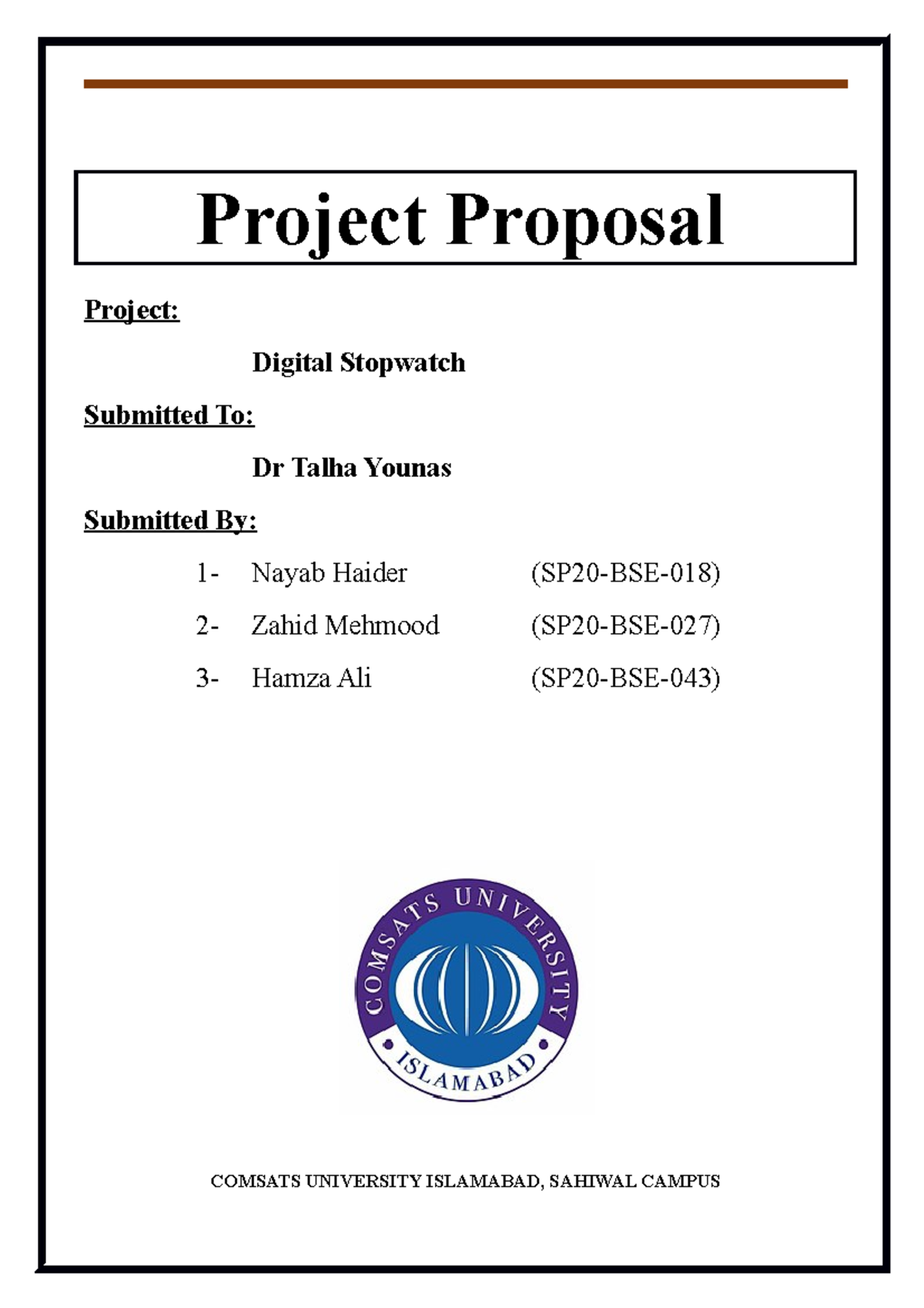 DLD Project SP20-BSE-018 - Project Proposal Project: Digital Stopwatch ...