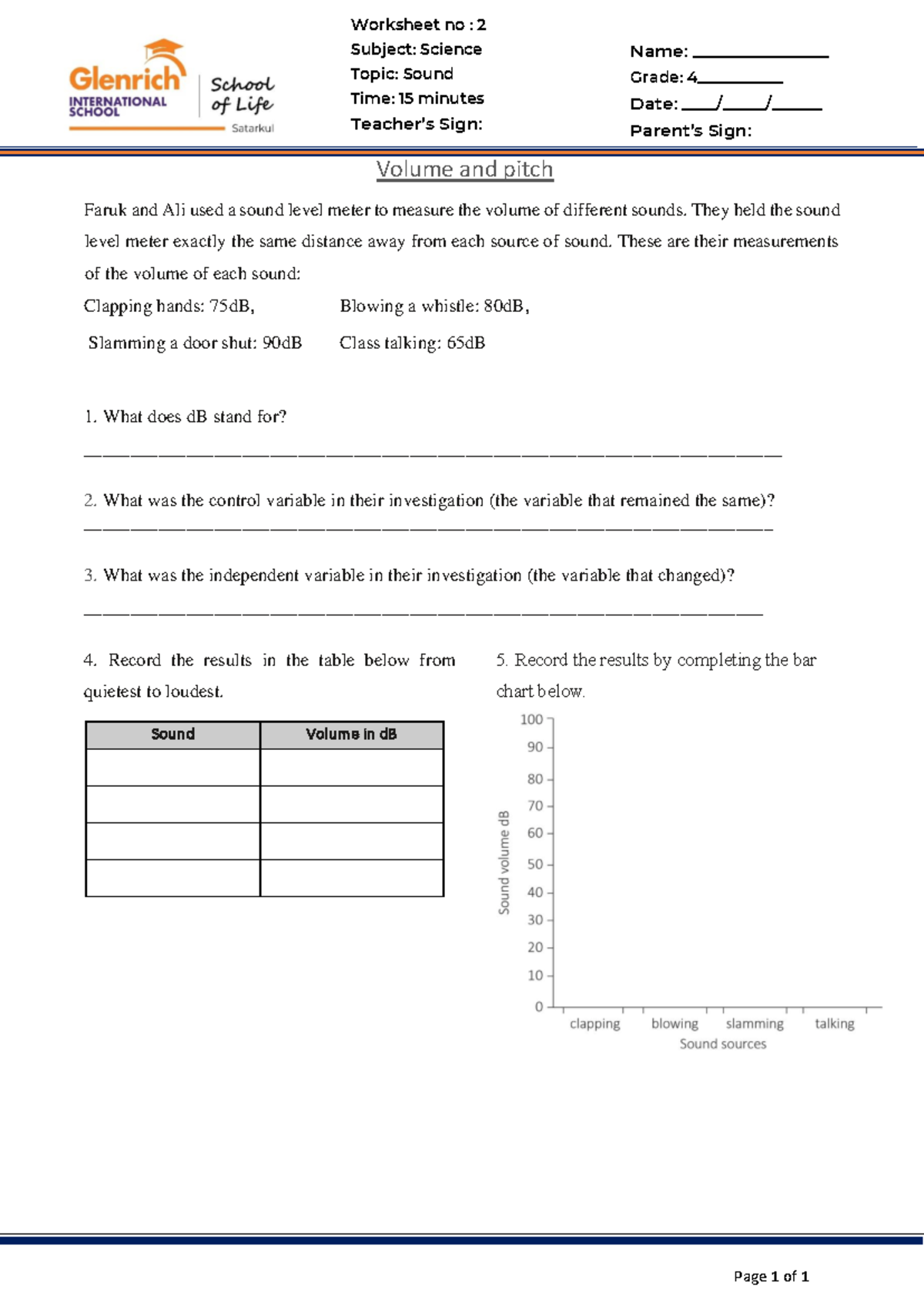 G4 Science Unit 2 Sound Worksheet 2: Volume & Pitch Activities - Studocu