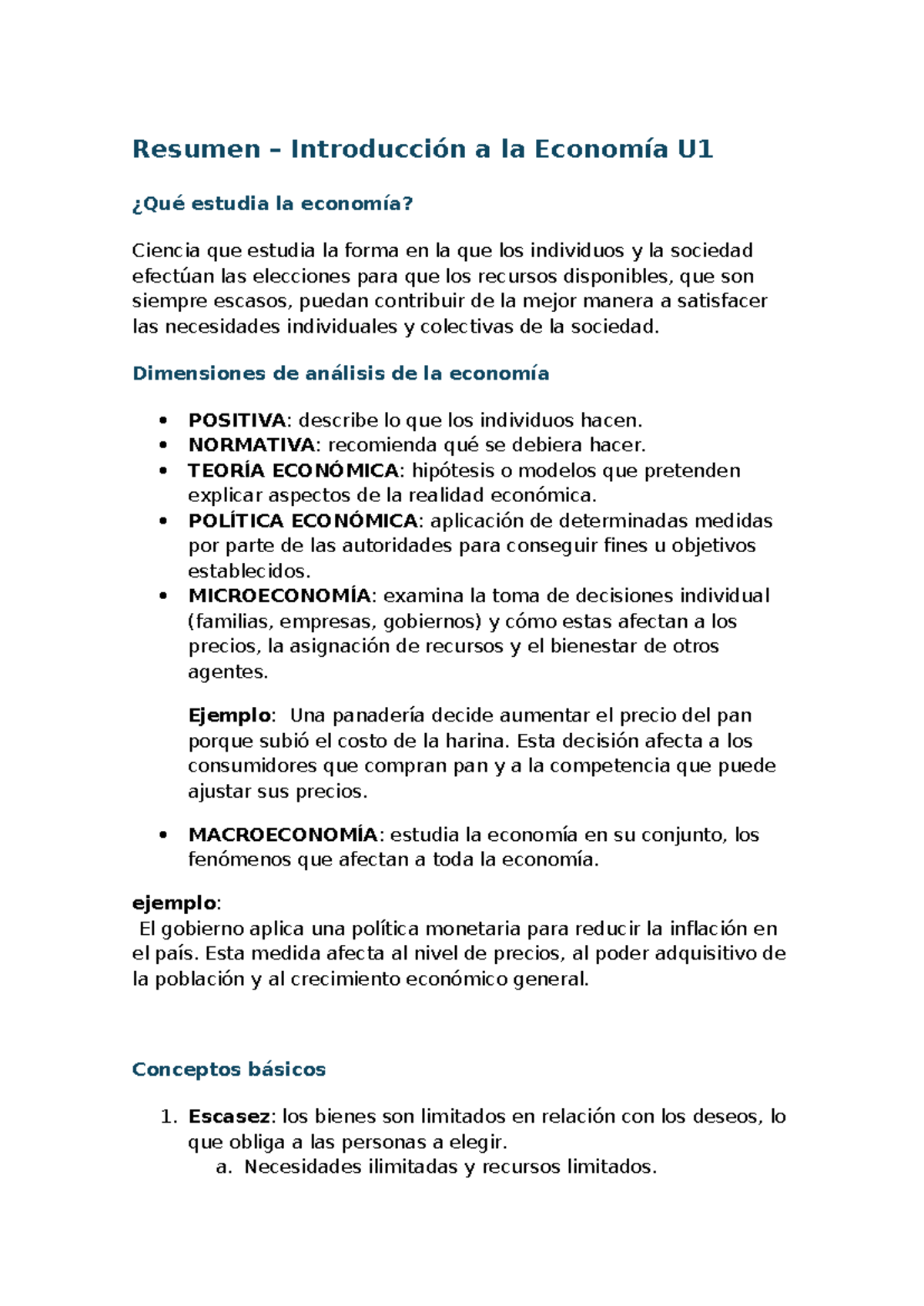 Resumen de Introducción a la Economía U1: Fundamentos y Conceptos Clave - Studocu