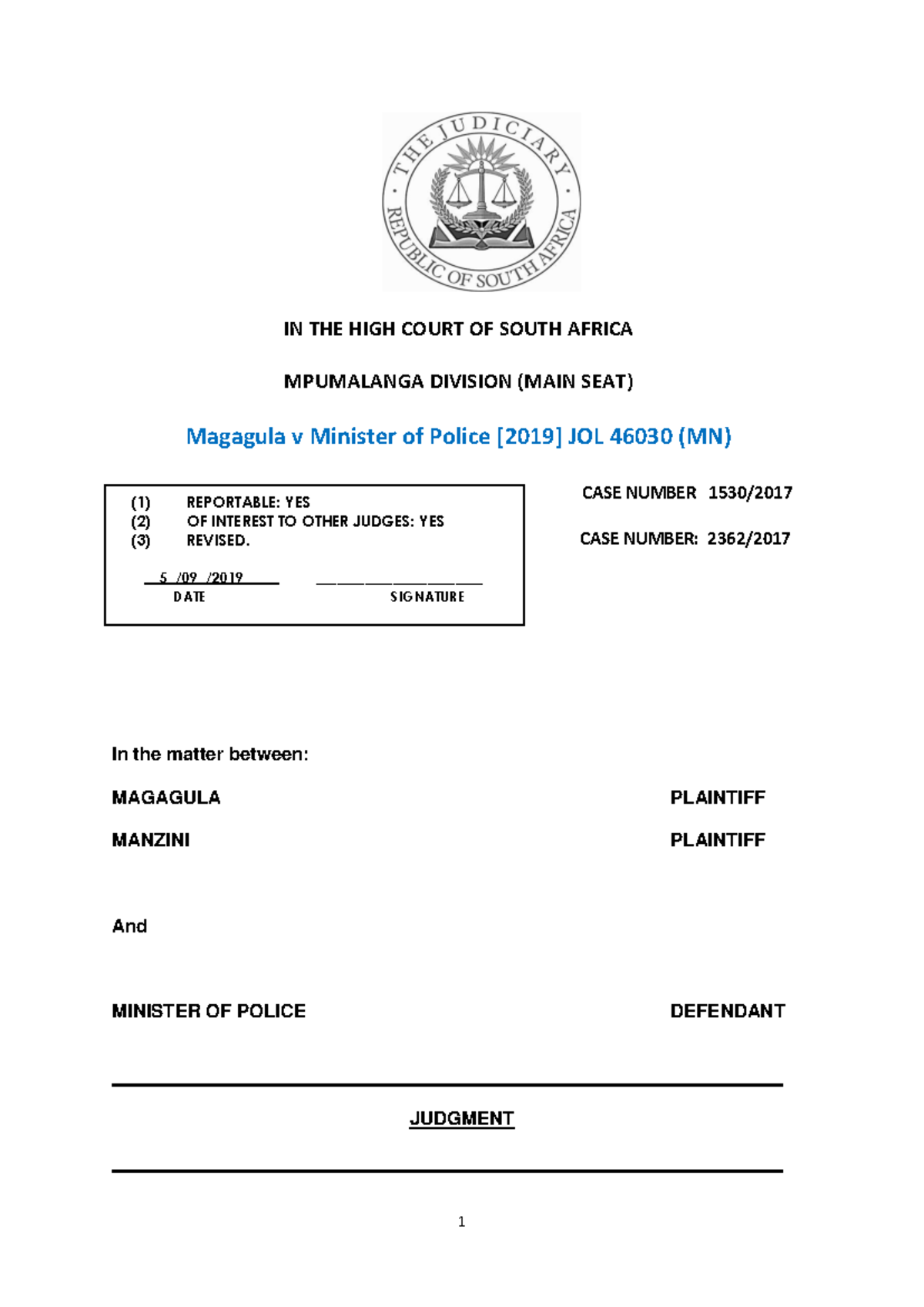 Magagula v Minister of Police [2019] JOL 46030 (MN) - Cost Order ...