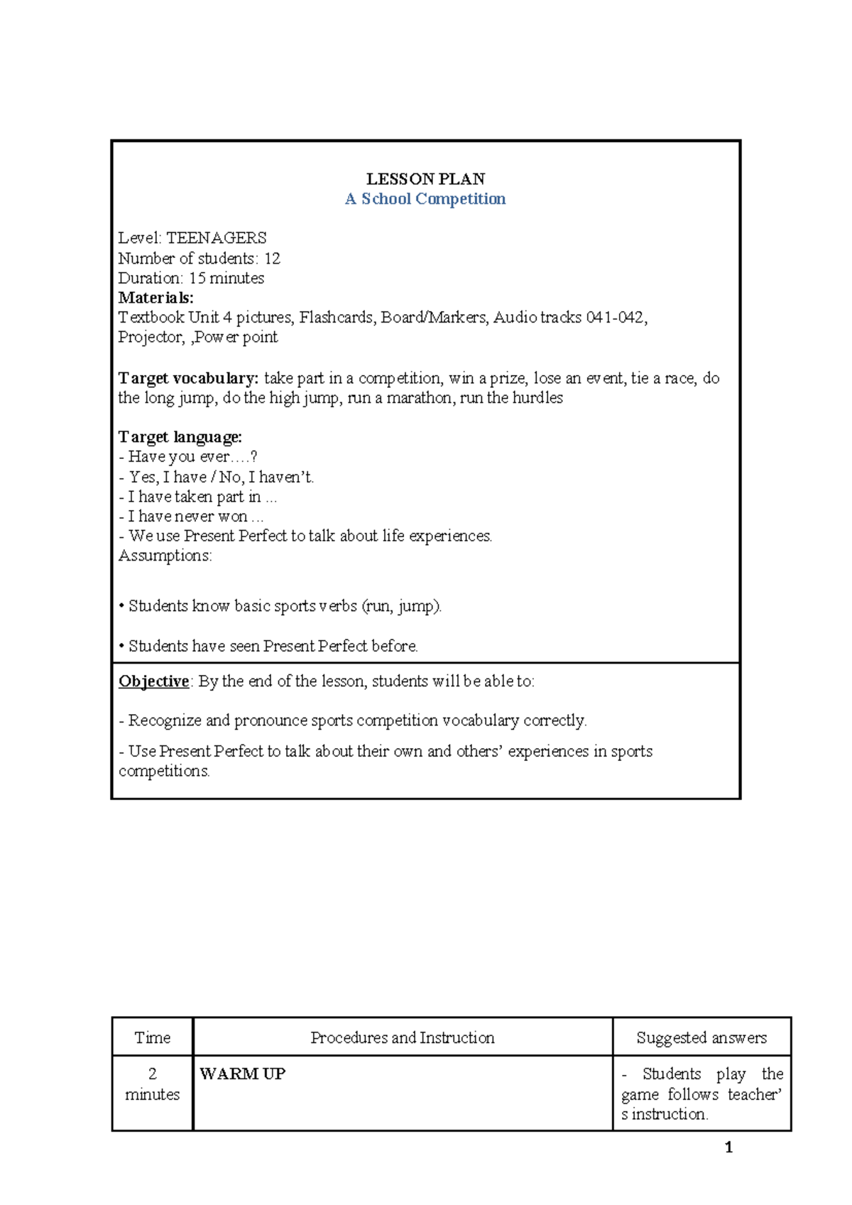 Lesson Plan: School Competition for Teenagers (TOEIC) - Studocu