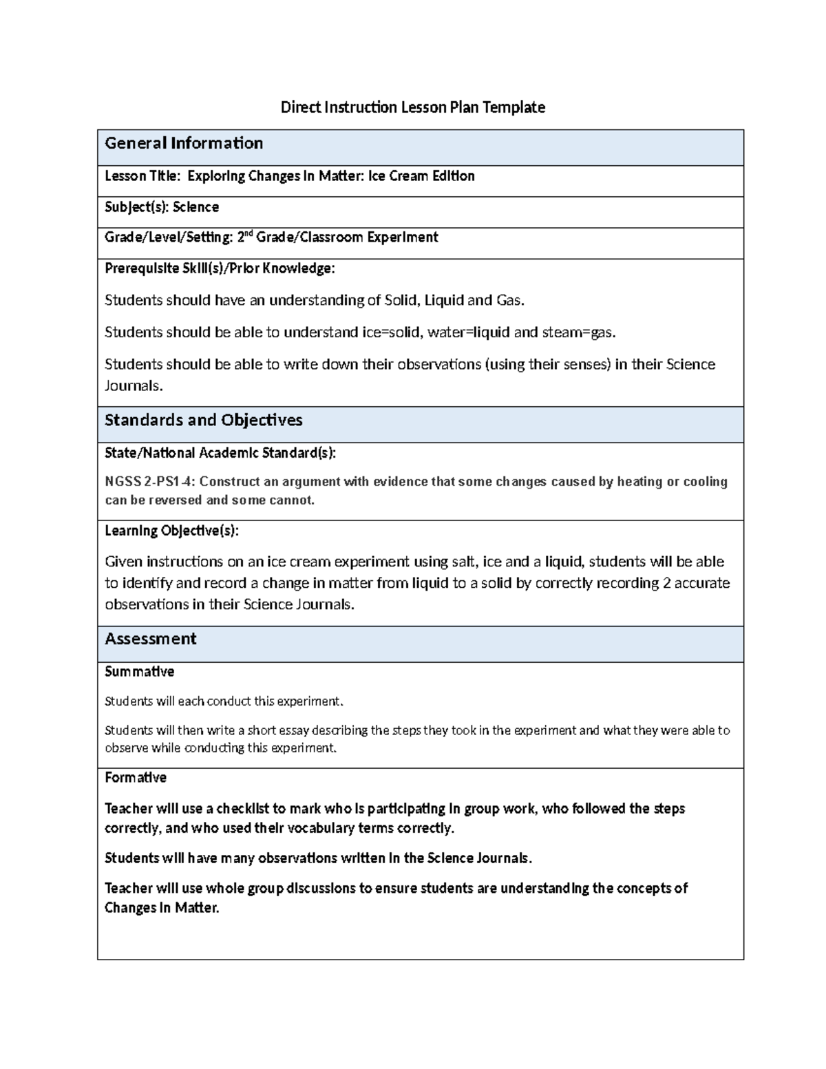 Exploring Changes in Matter: Ice Cream Experiment Lesson Plan (SCI 2 ...