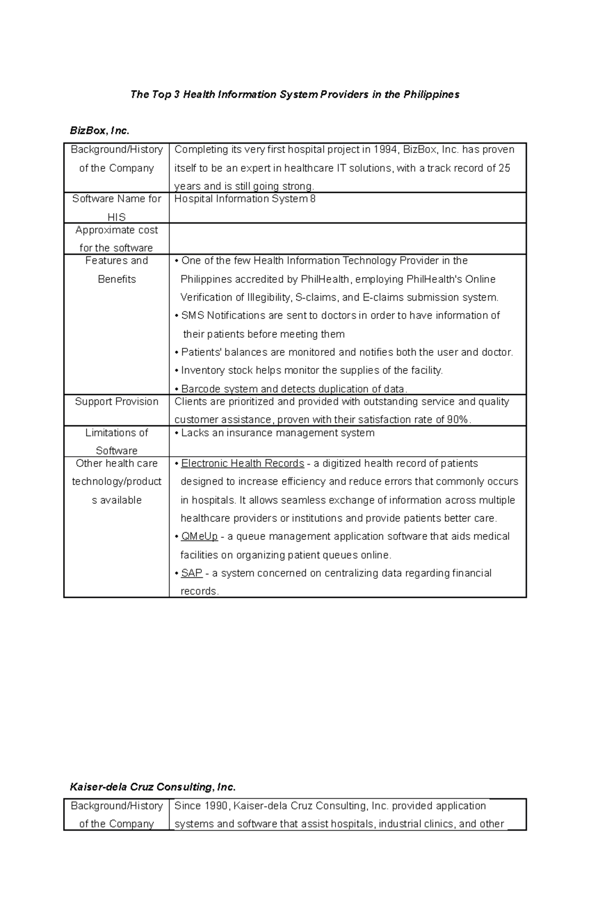 HIS - Top 3 Health Information System Providers Comparison - Studocu
