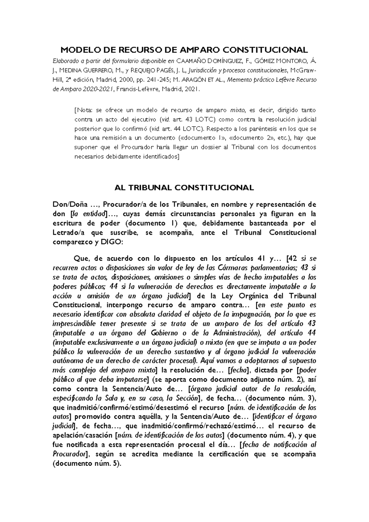 Modelo de Recurso de Amparo Constitucional: Guía Práctica 2021 - Studocu