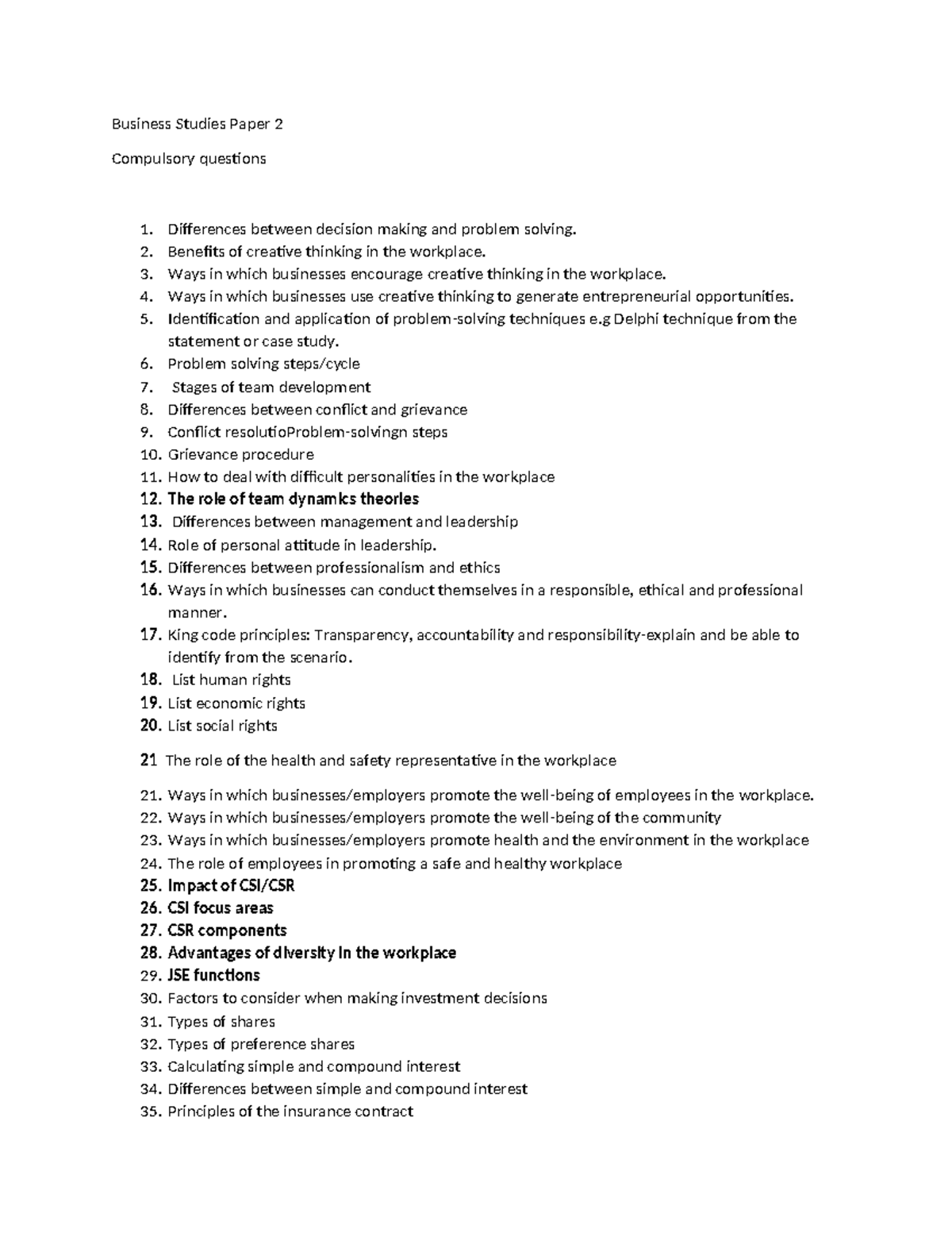 Business Studies Paper 2: Key Concepts and Compulsory Questions - Studocu