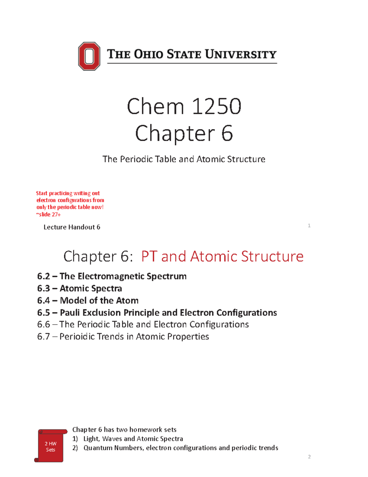 Chem 1250 Lecture Handout: Chapter 6 - Periodic Table & Atomic ...