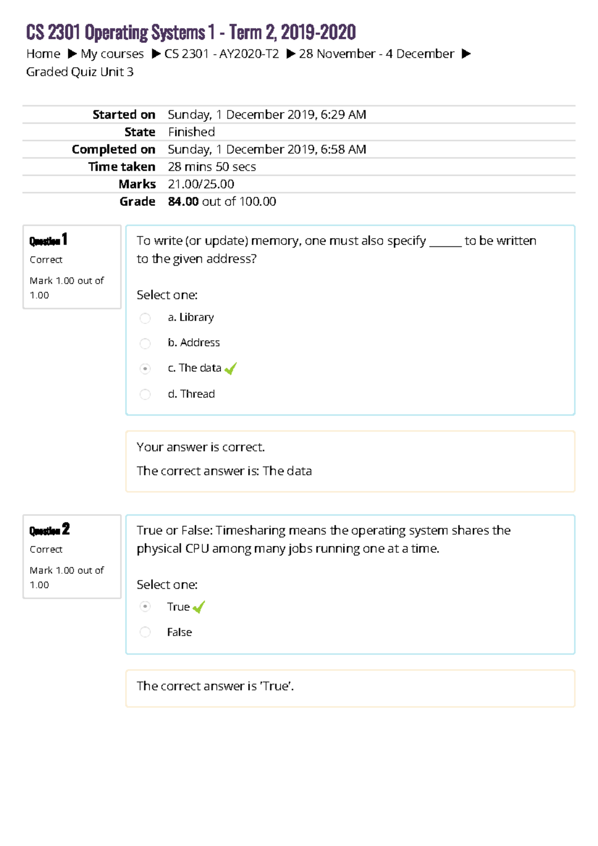 CS2301-Graded Quiz Unit 3 - Home My courses CS 2301 - AY2020-T2 28 ...