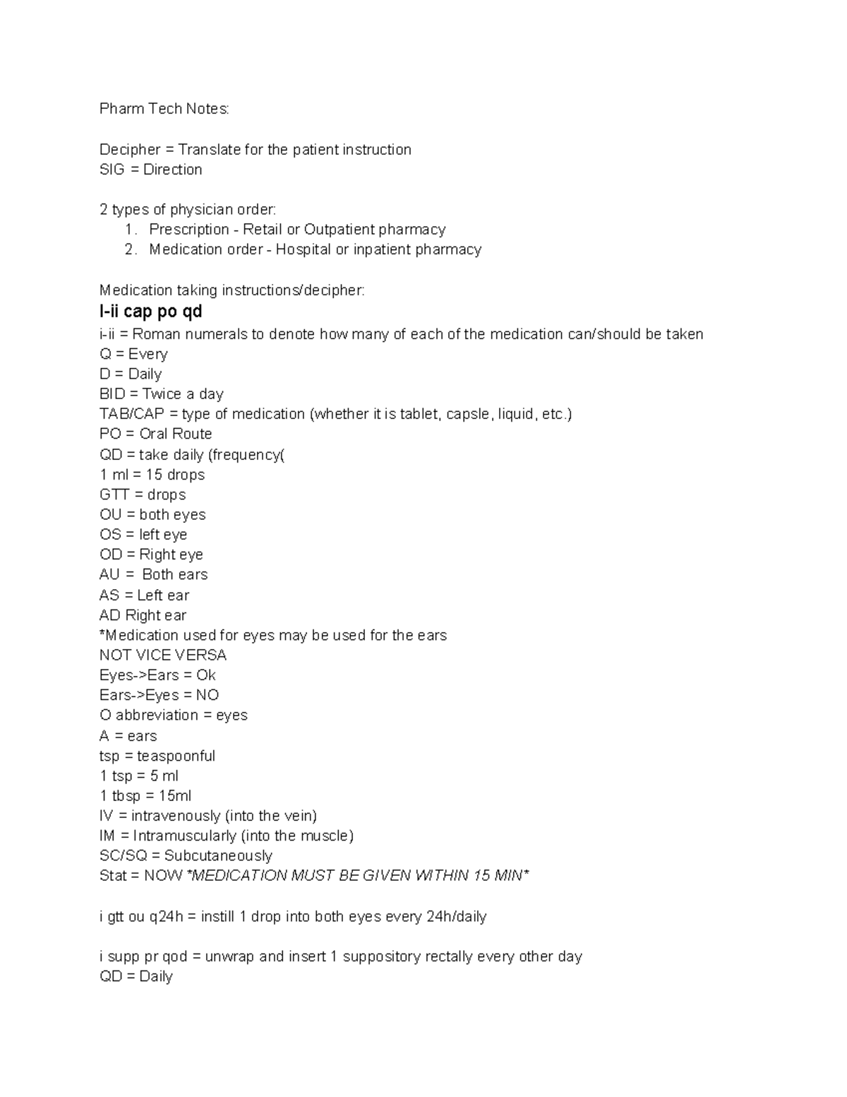 Pharmacy Technician CTRL Notes: Med Instructions & Calculations - Studocu