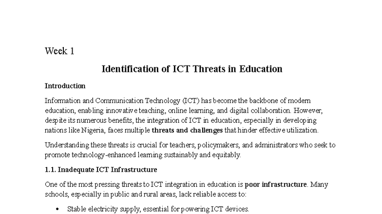 Lesson Notes WK 1 & 2: ICT Threats and Solutions in Education - Studocu