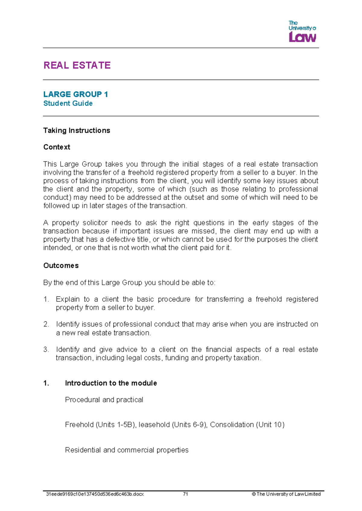 Real Estate Large Group 1: Student Guide to Property Transactions - Studocu