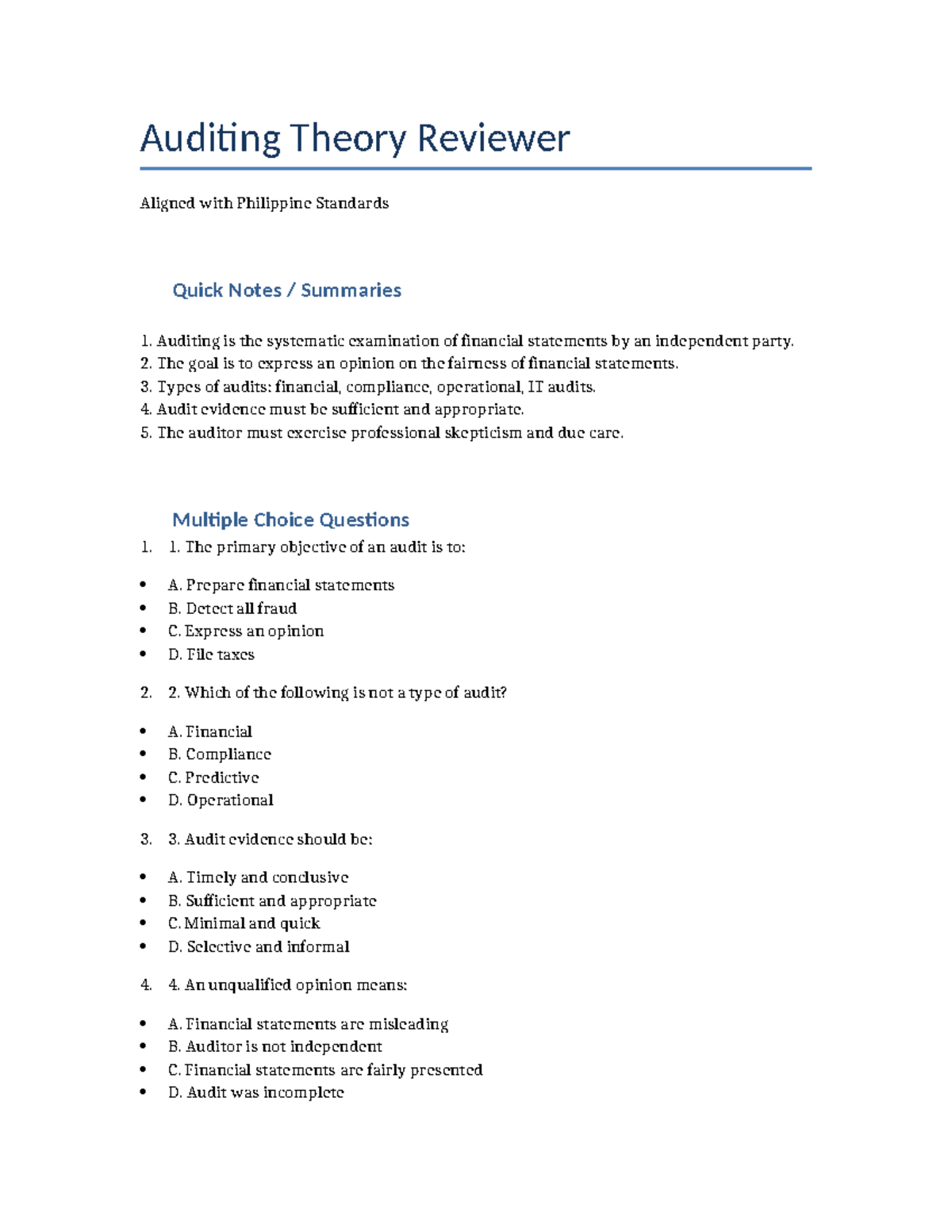 Auditing Theory Reviewer: Quick Notes & MCQs Aligned with Philippine ...