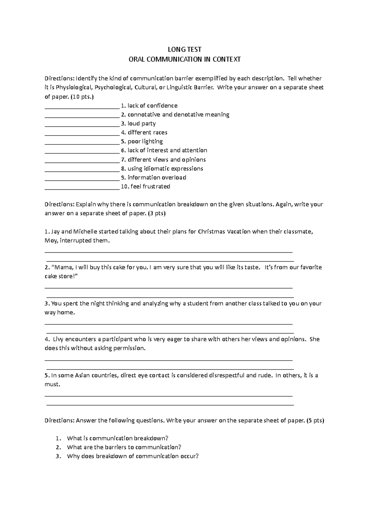 Oral Communication in Context (LONG TEST) - LONG TEST ORAL ...
