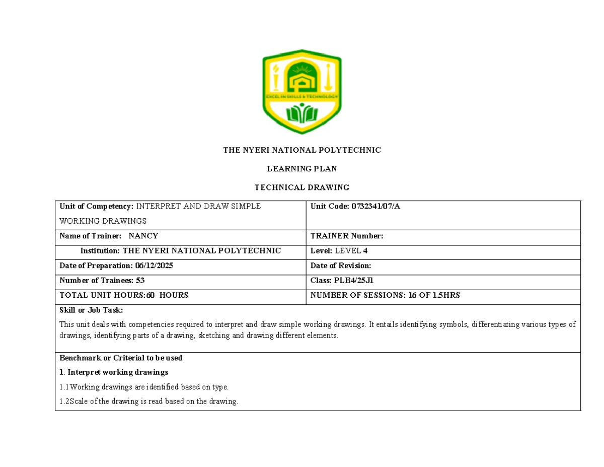 Technical Drawing Level 4: Working Drawings Learning Plan - Studocu