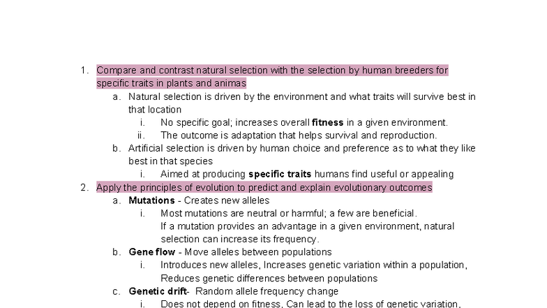 Evolutionary Processes: Natural vs. Artificial Selection (BIO 101) - Studocu