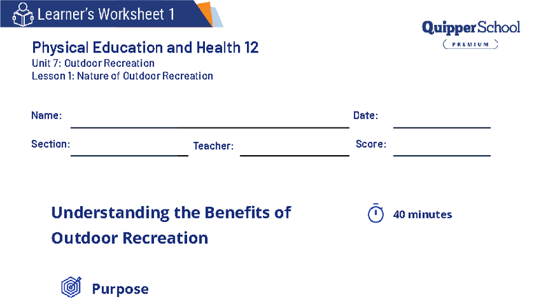 PEH 12 Q2 0701 Outdoor Recreation Benefits Reflection Lesson 1 - Studocu