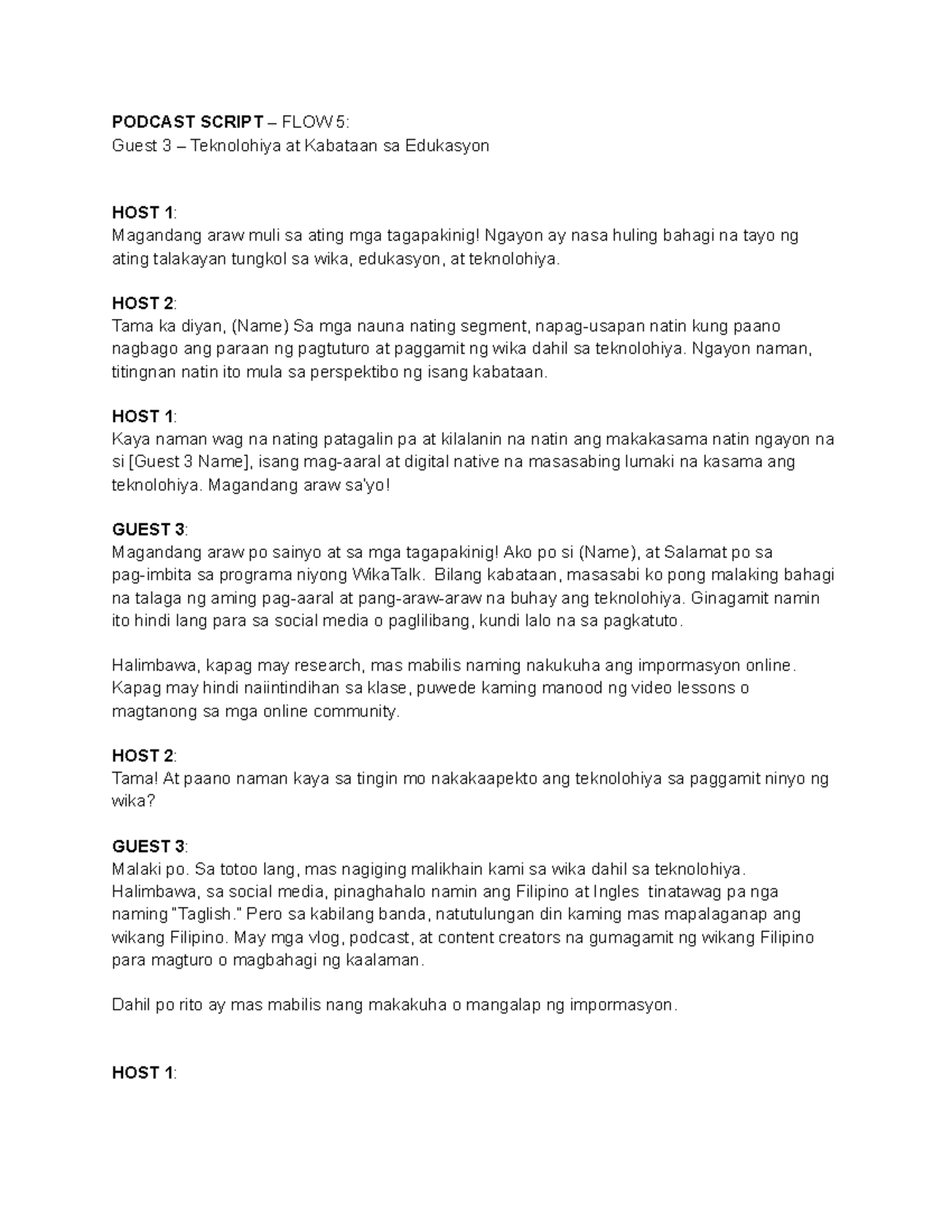 PODCAST SCRIPT FLOW 5: Teknolohiya at Kabataan sa Edukasyon - Studocu