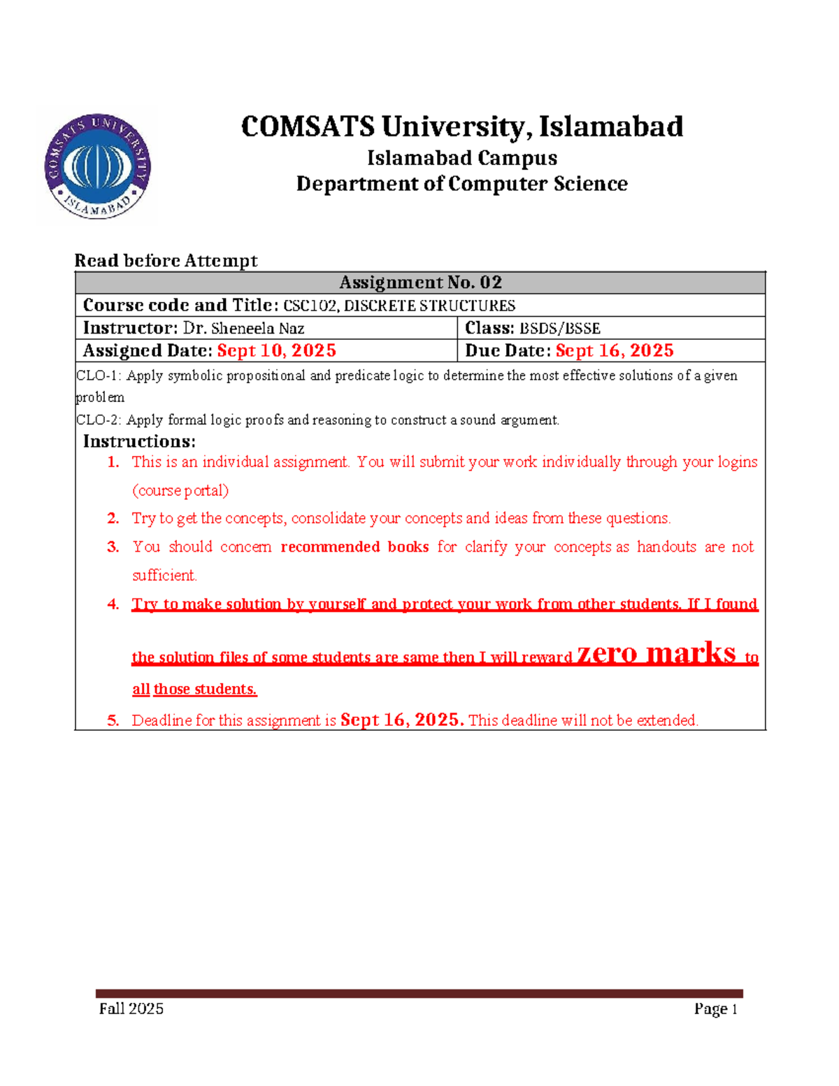 Assignment 02: CSC102 Discrete Structures - Fall 2025 - Studocu