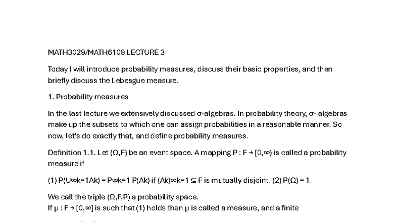 MATH3029 LECTURE 3: Introduction to Probability Measures and Lebesgue ...