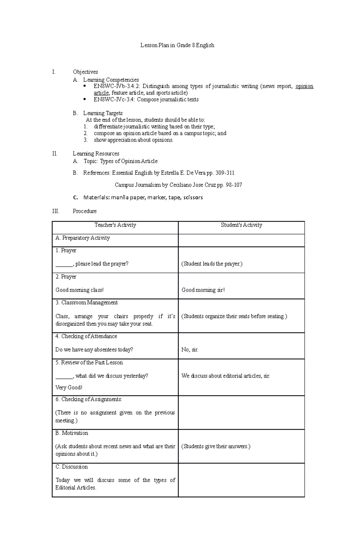 Grade 8 English Lesson Plan: Types of Journalistic Writing - EN8WC ...