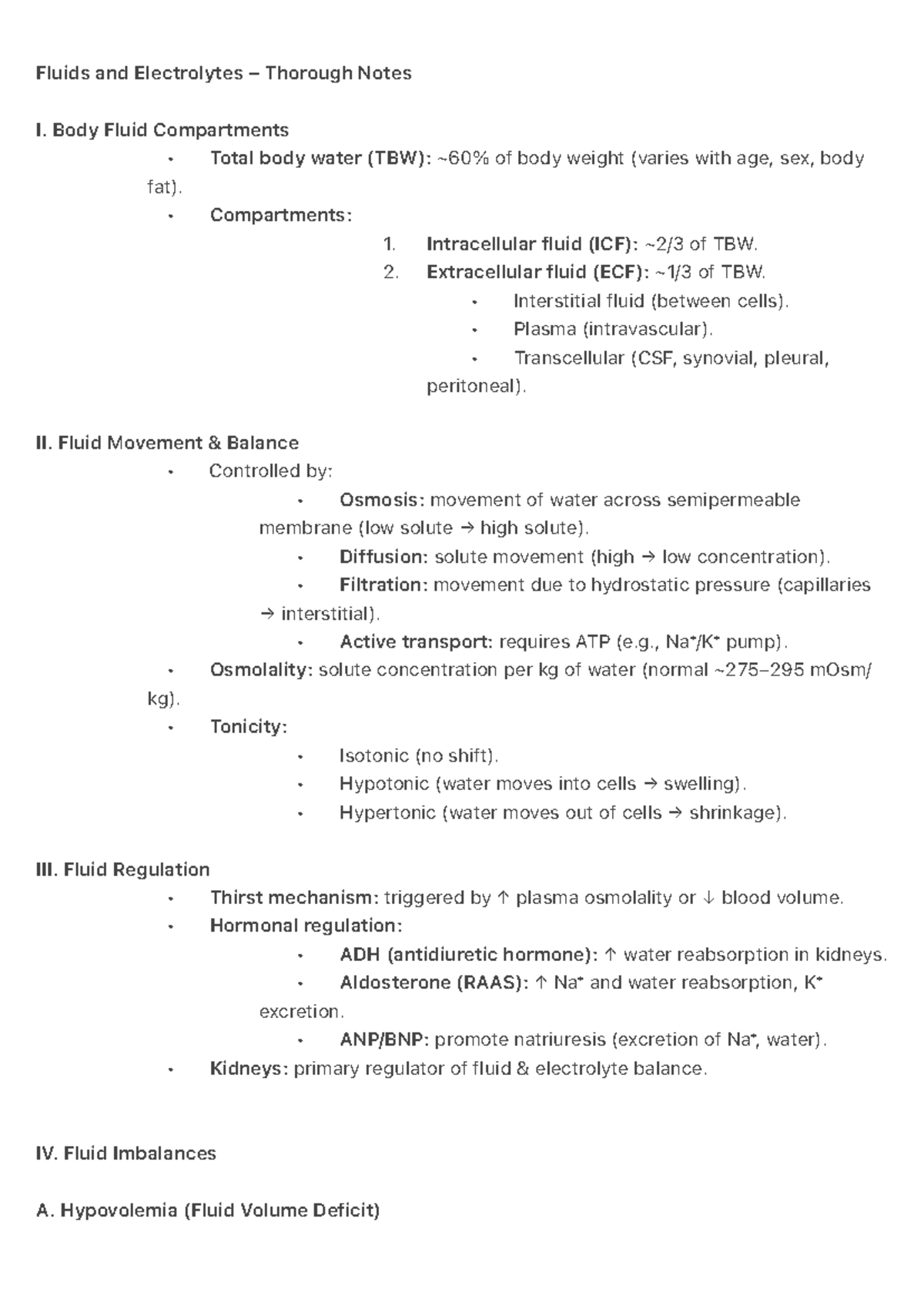 Fluids and Electrolytes Comprehensive Notes for Nursing (NUR 101) - Studocu