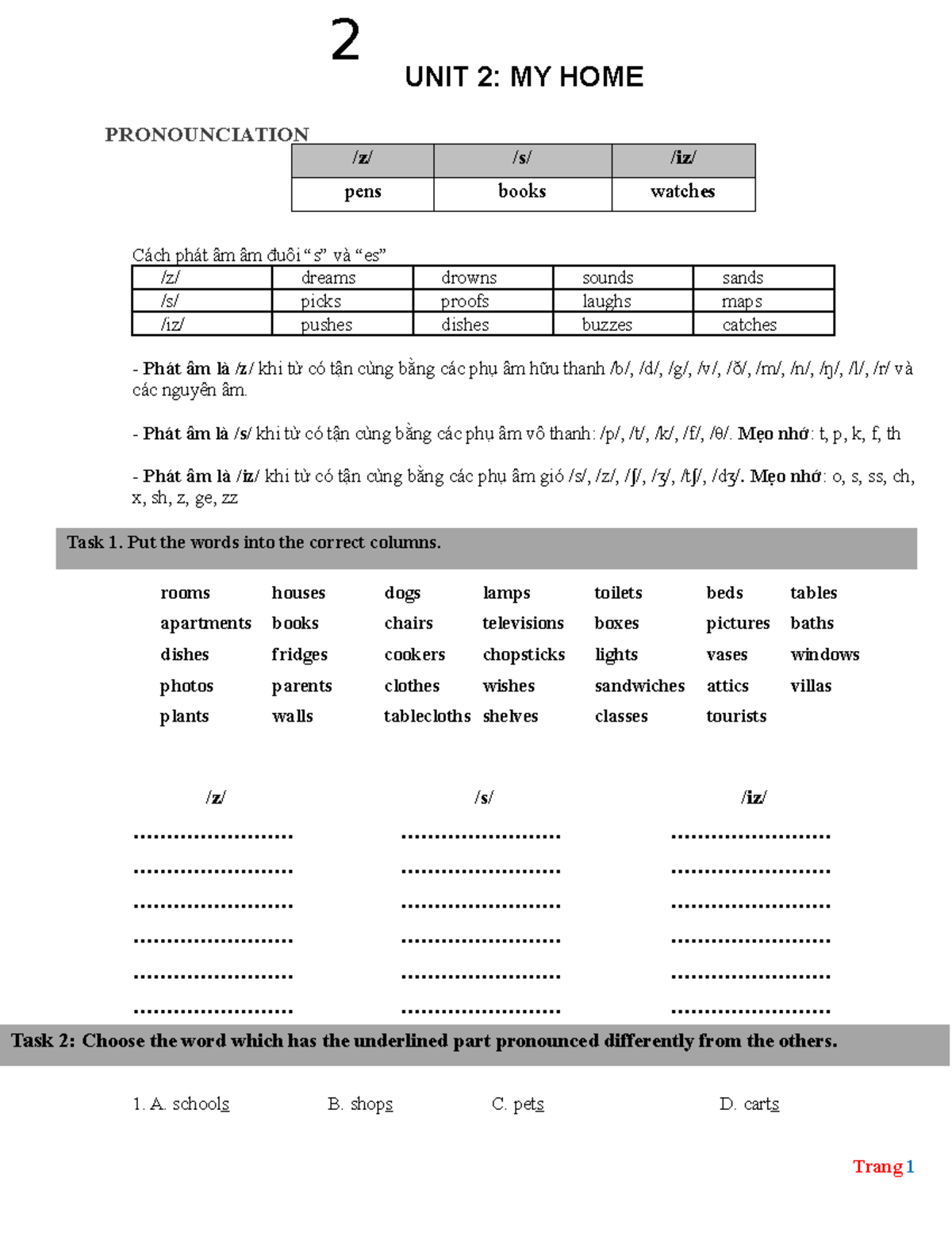 UNIT 2: MY HOME - Vocabulary and Pronunciation Guide - Studocu