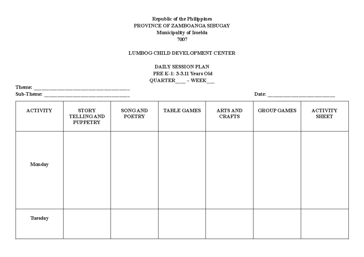 Daily Session PLAN PRE-K1 FORM - Republic of the Philippines PROVINCE ...