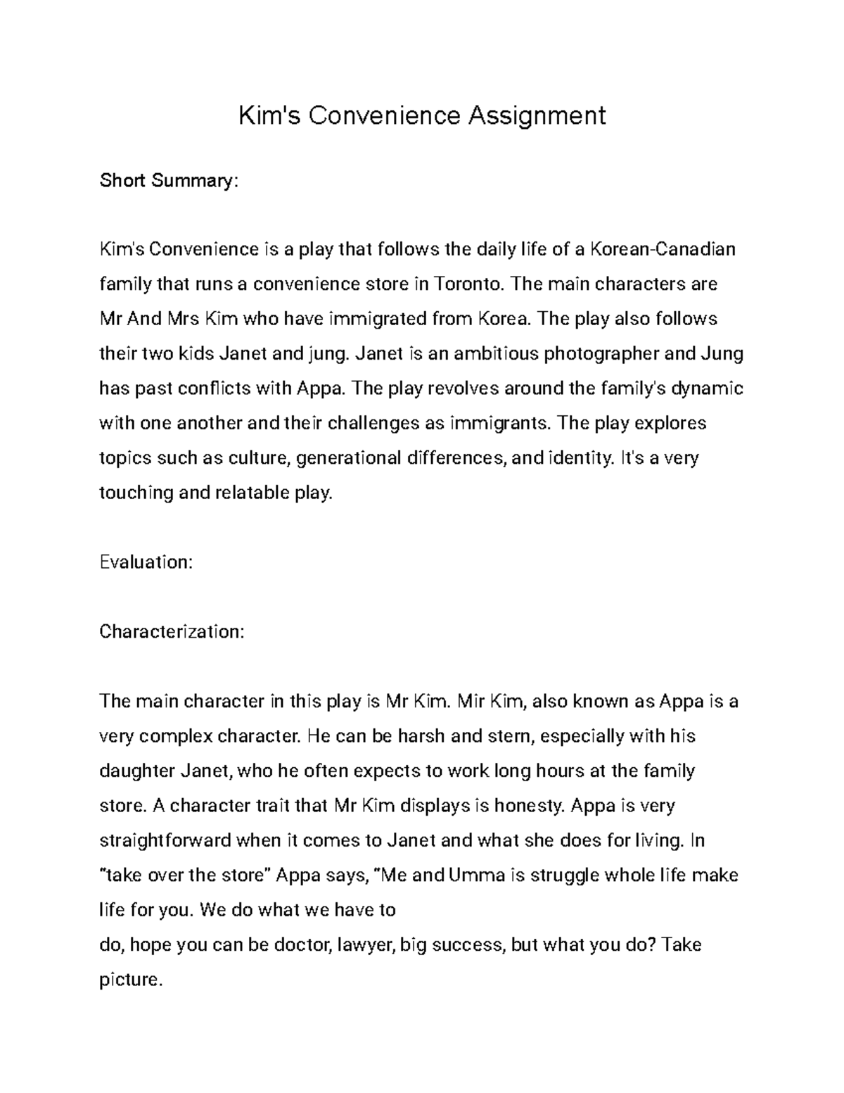 Kim's Convenience (ENG 101) Assignment: Themes & Characters Analysis ...