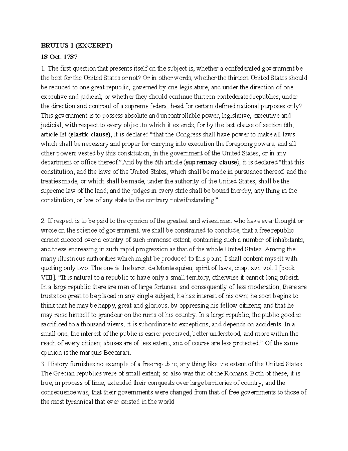 Brutus 1 Excerpt Analysis: Government Structure & Freedom Concerns ...